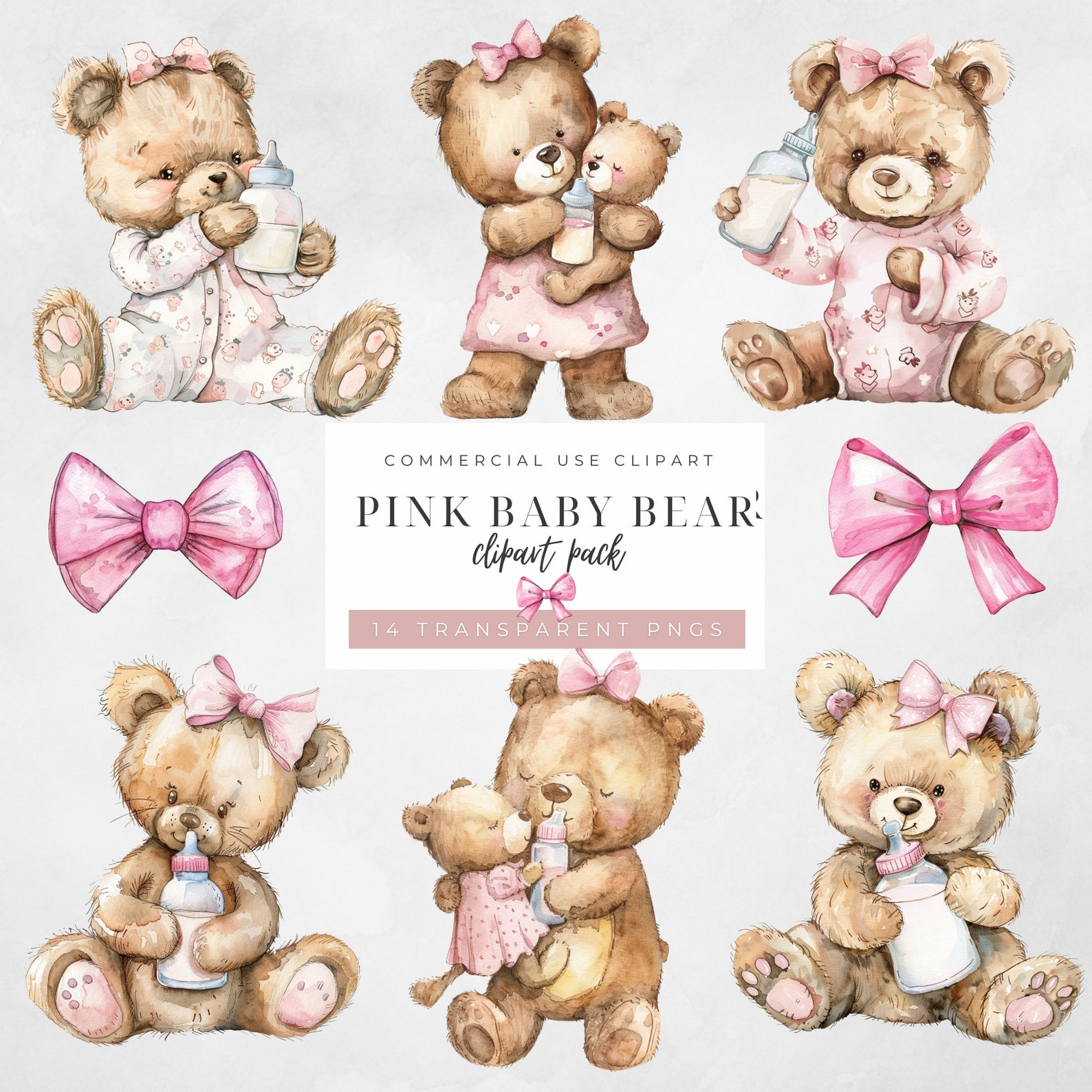 Pink Baby Bottle Bear Watercolor PNG Bundle Set Pacifier Transparent ...