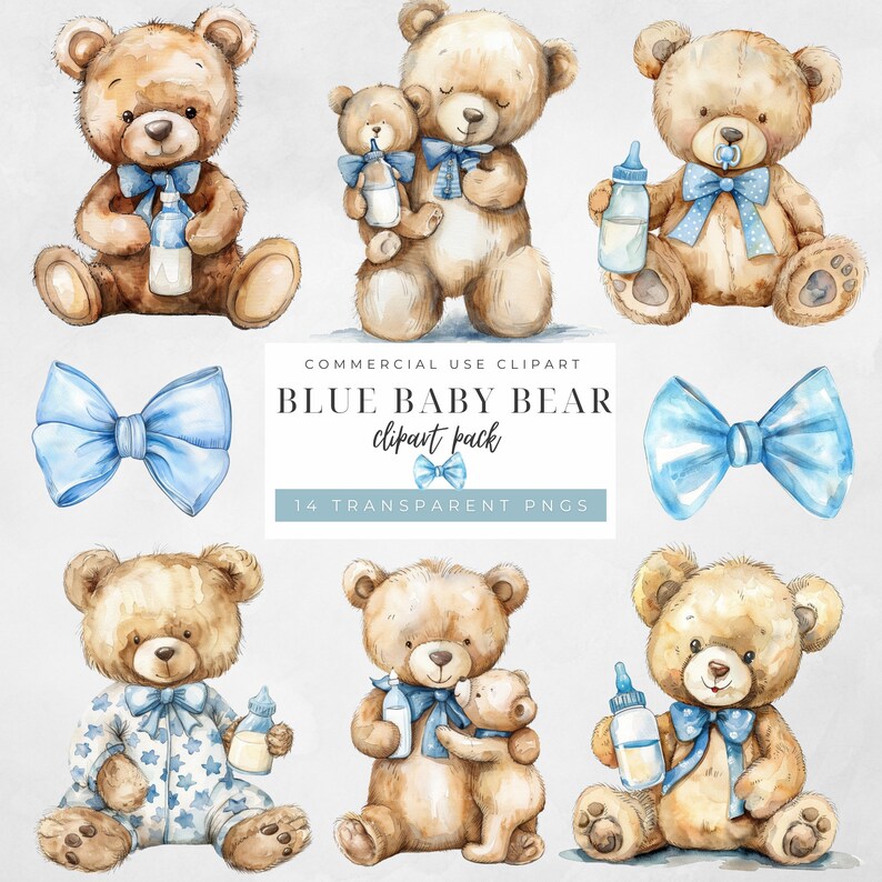 Blue Baby Bottle Bear Watercolor PNG Bundle Set Pacifier Transparent ...