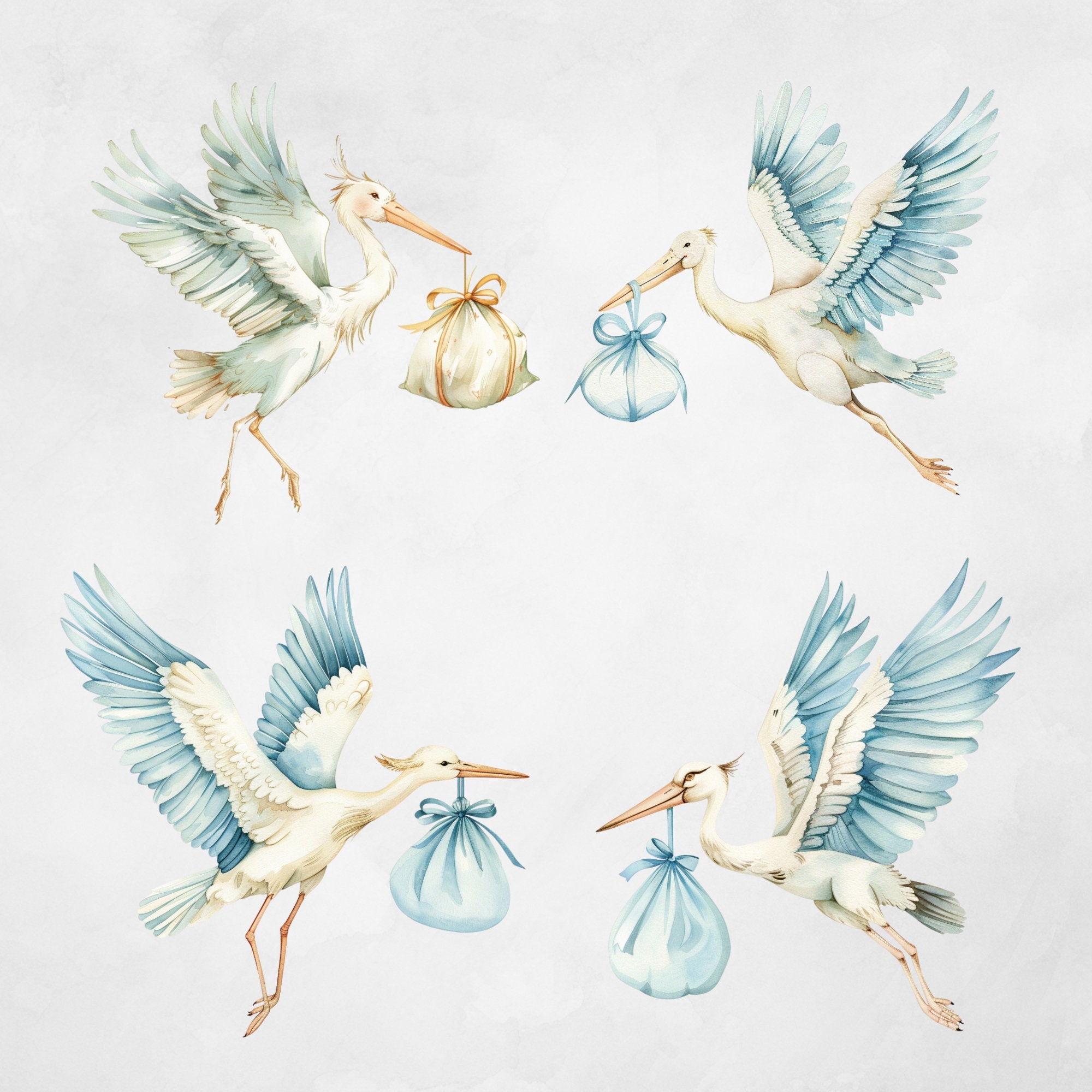 Stork Baby Girl Boy Delivery Clipart Pastel Watercolor PNG Bundle Set ...
