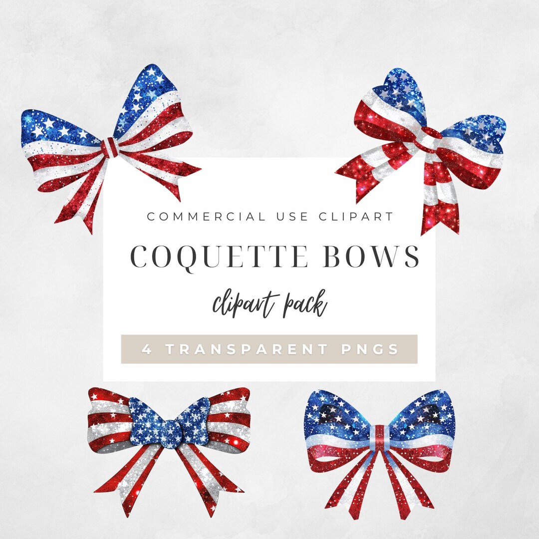 July 4th Glitter Coquette Bow PNG Set, American Flag Clip Art ...