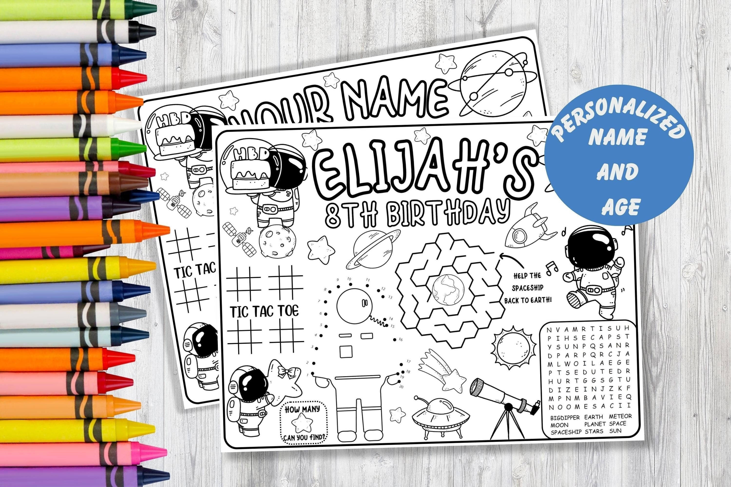 Personalized Space Theme Birthday Party Coloring Placemat Custom Kids ...