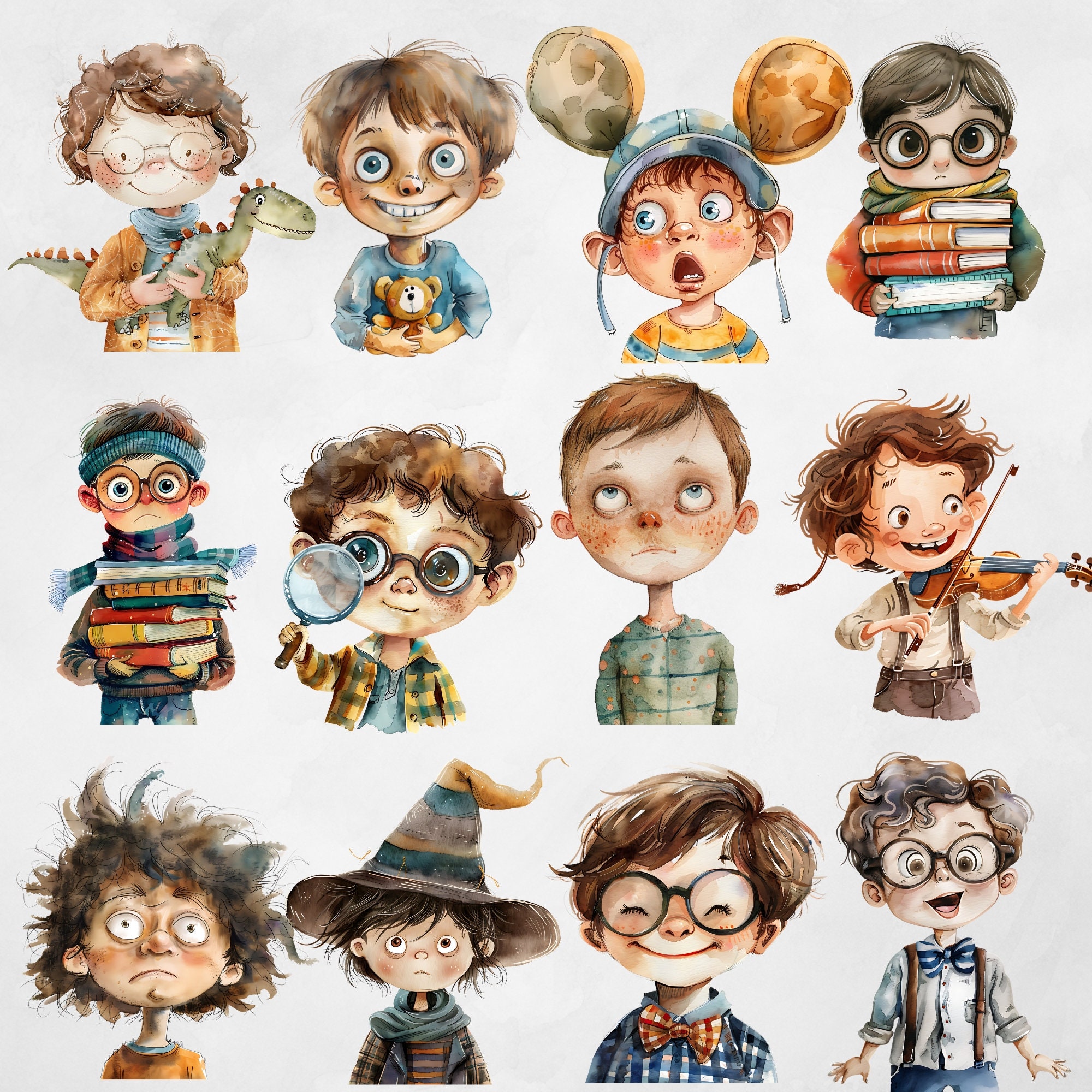 Quirky Boys Clipart Watercolor PNG Bundle Set Cute Whimsical Boy ...