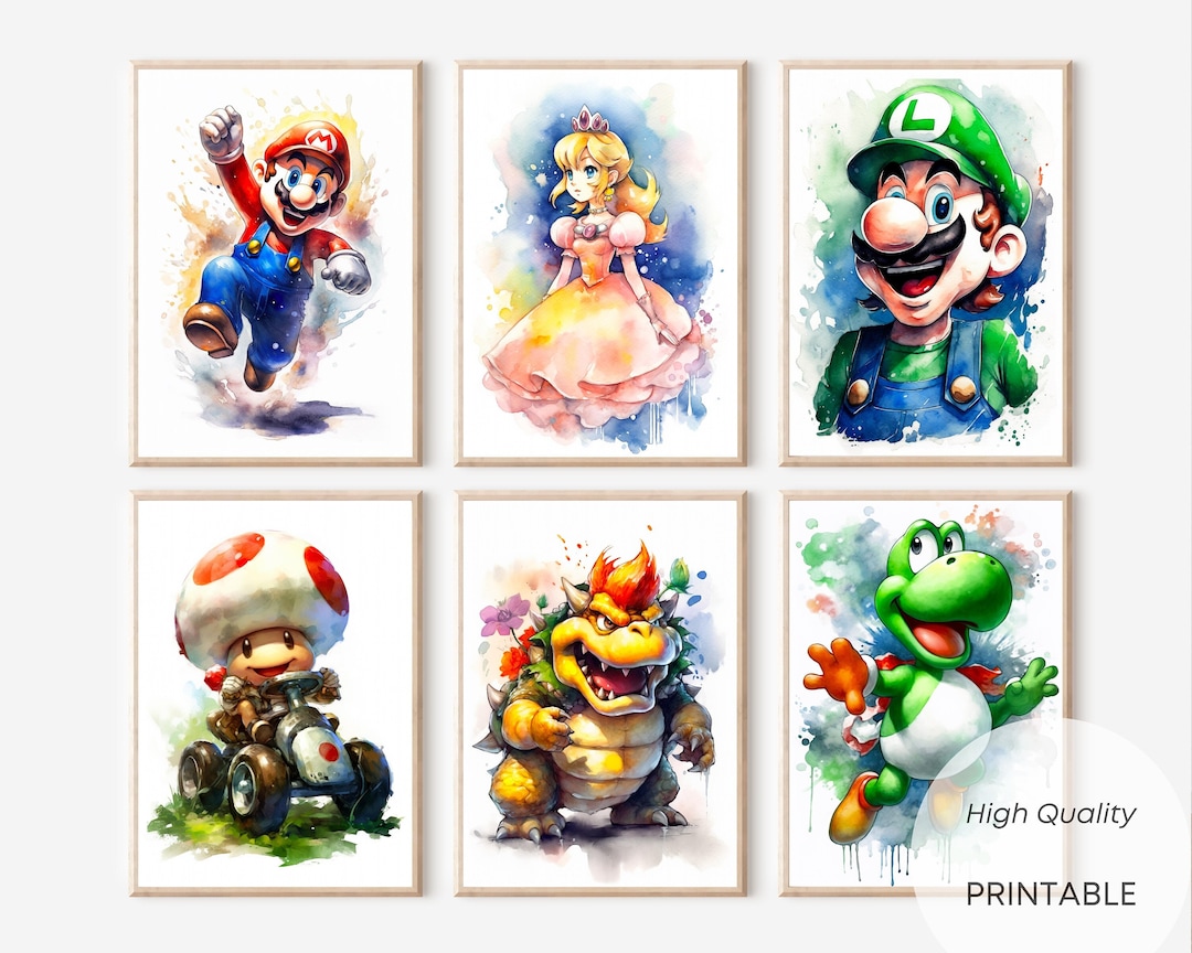 6 Super Mario Watercolor Illustrations Mario PRINTABLE Watercolor ...