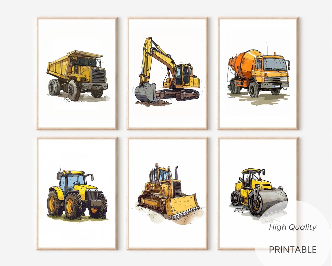 Construction Vehicles, Set of 6, Boys Room Wall Art, Construction Decor ...