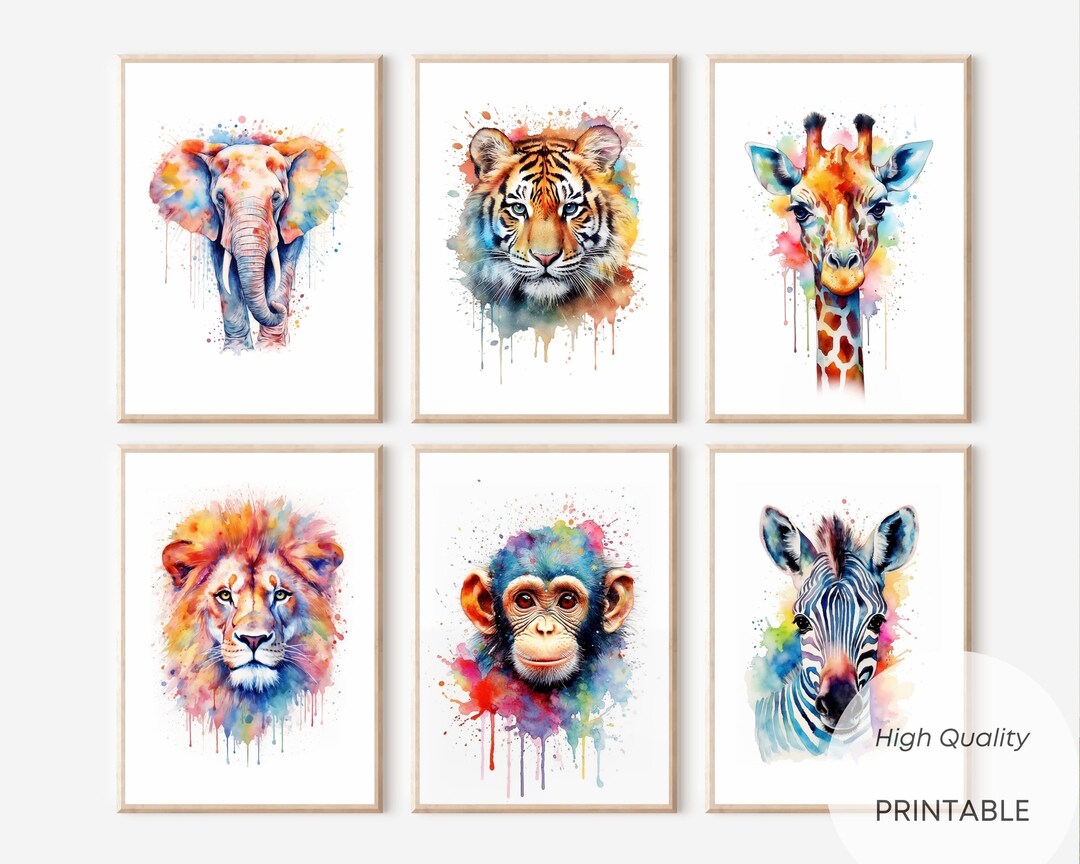 Set of 6 Safari Animals Watercolor Printable Art Giraffe Print Animal ...