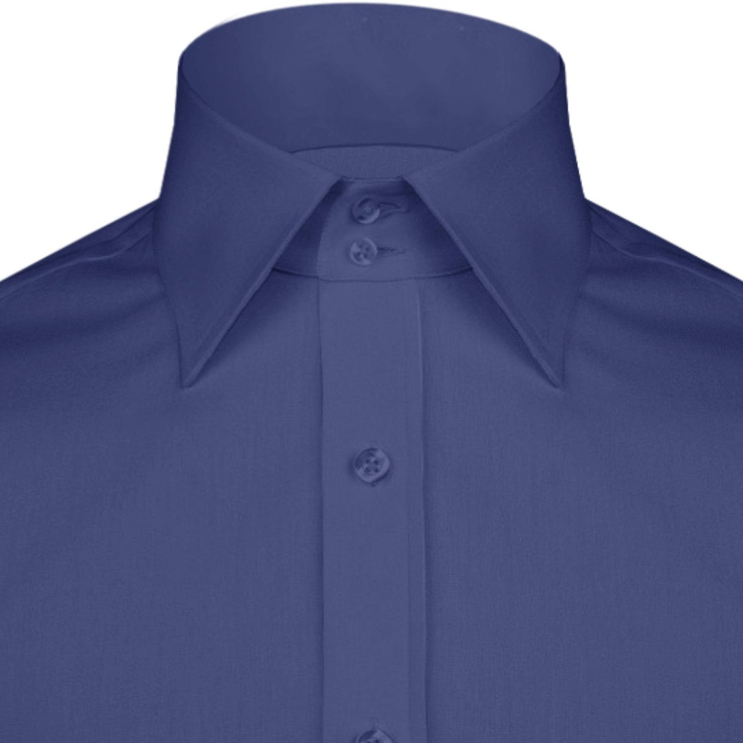 Navy Blue Spread Collar Men Shirt 2 Buttons on Stiff High Tall Neck ...