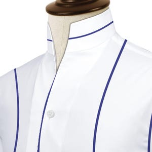 Navy Blue White Striped Men Shirt High Stand Collar Shirt Buttonless V ...