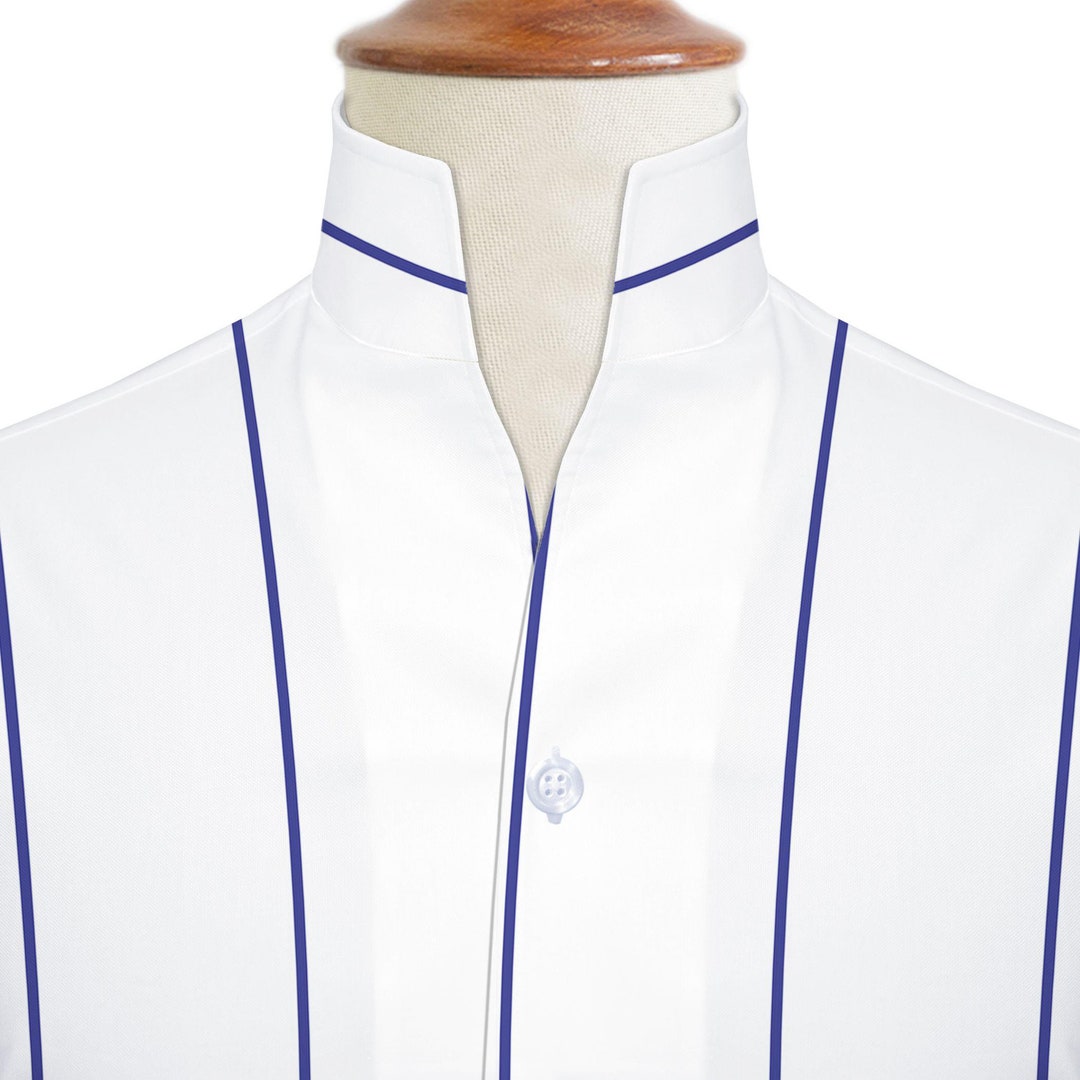 Navy Blue White Striped Men Shirt High Stand Collar Shirt Buttonless V ...