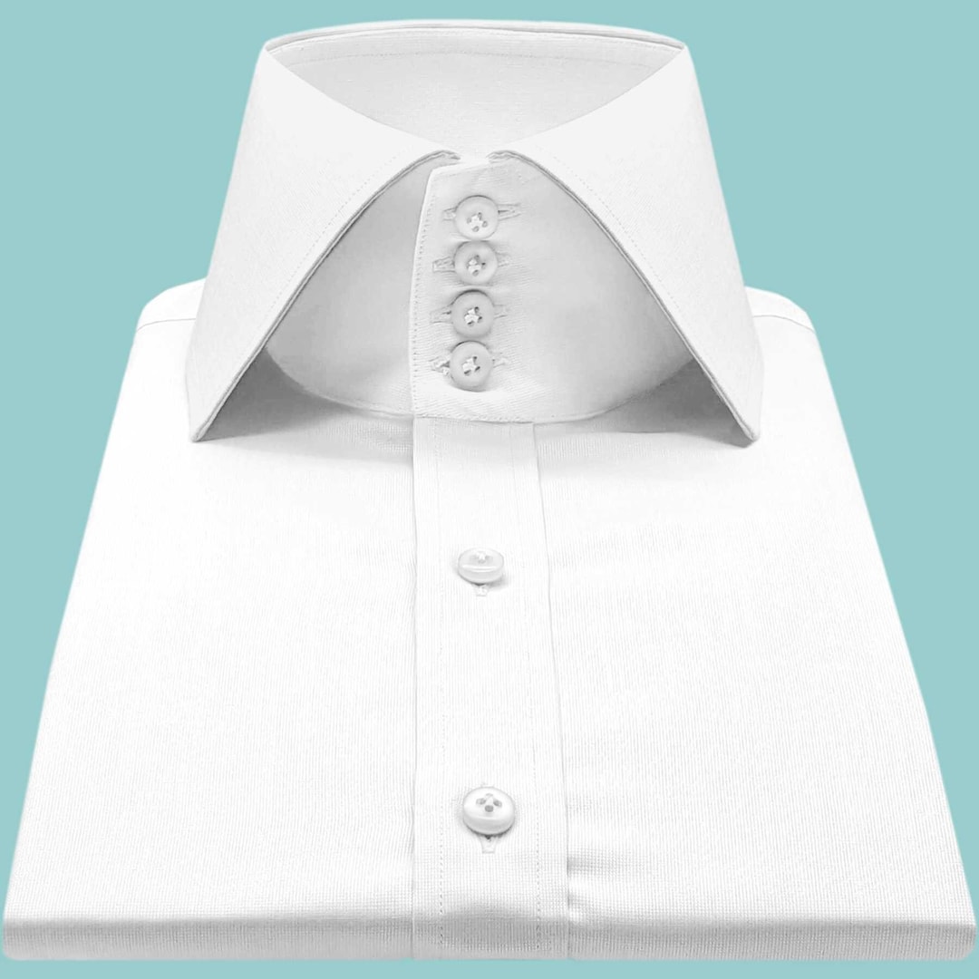 Solid White High Spread Collar Dress Shirt Mens/ 3" Tall Neck 4 Buttons ...