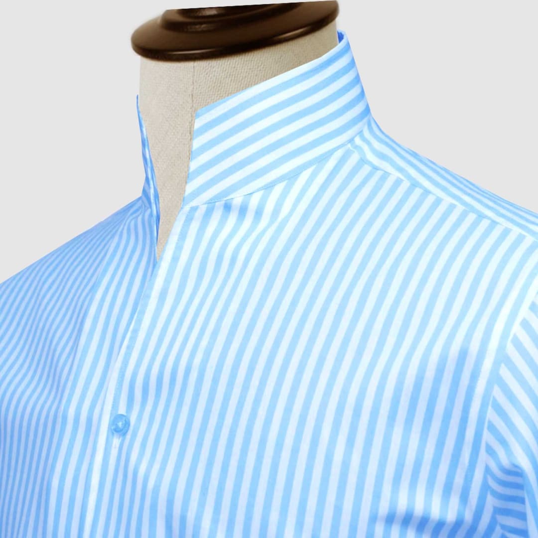 Karl Lagerfeld Style Sky Blue Striped Open Buttonless Collar Dress ...