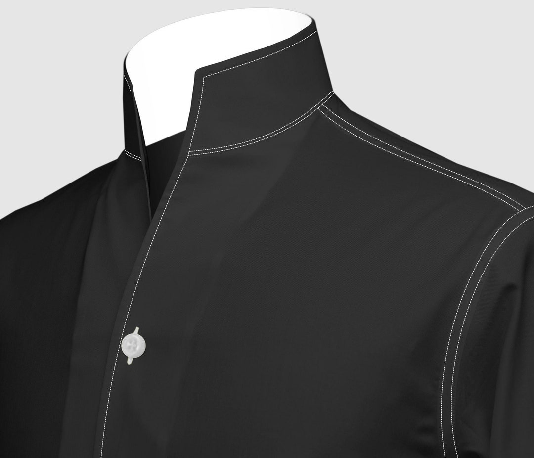 Black Men Shirt High Stand Collar Shirt One Piece Collar Shirt Contrast ...