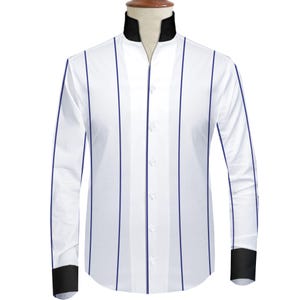 Navy Blue White Striped Men Shirt High Stand Collar Shirt Buttonless V ...