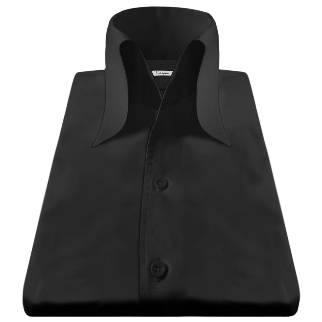 One Piece Button Down Collar Men Black Shirt Long Pointed Collar Button ...