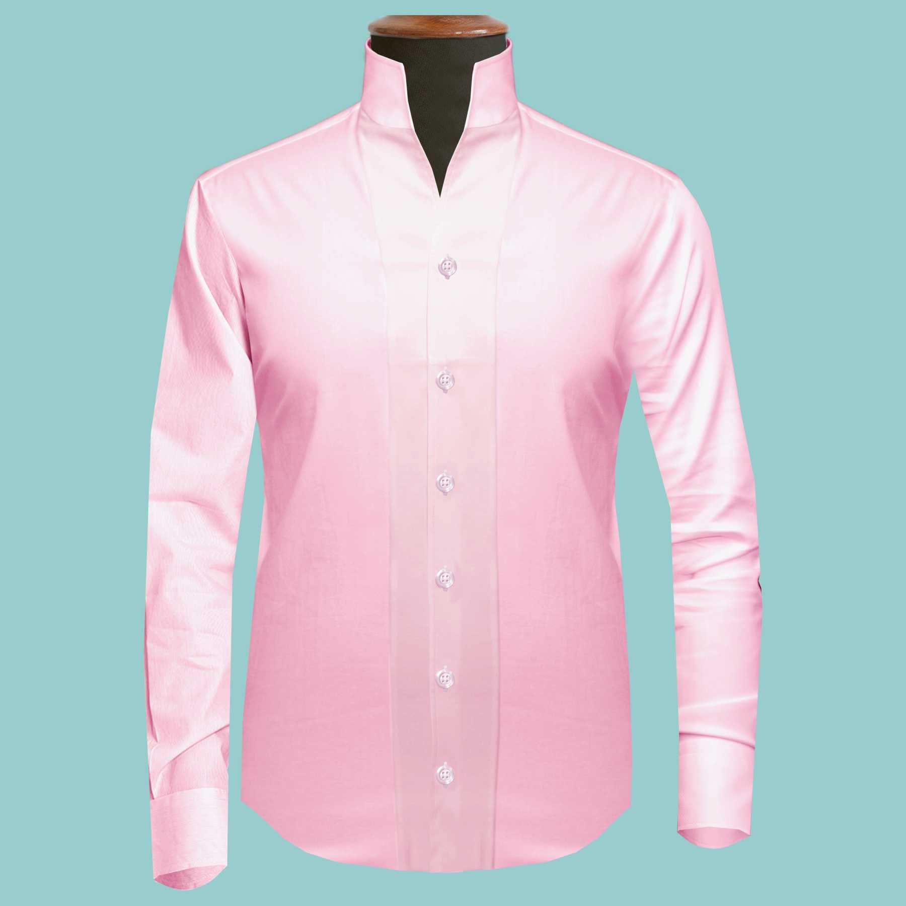 High Collar Pink Satin Men's Shirt Buttonless V Neck Collar Shirt High ...