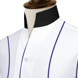 Navy Blue White Striped Men Shirt High Stand Collar Shirt Buttonless V ...