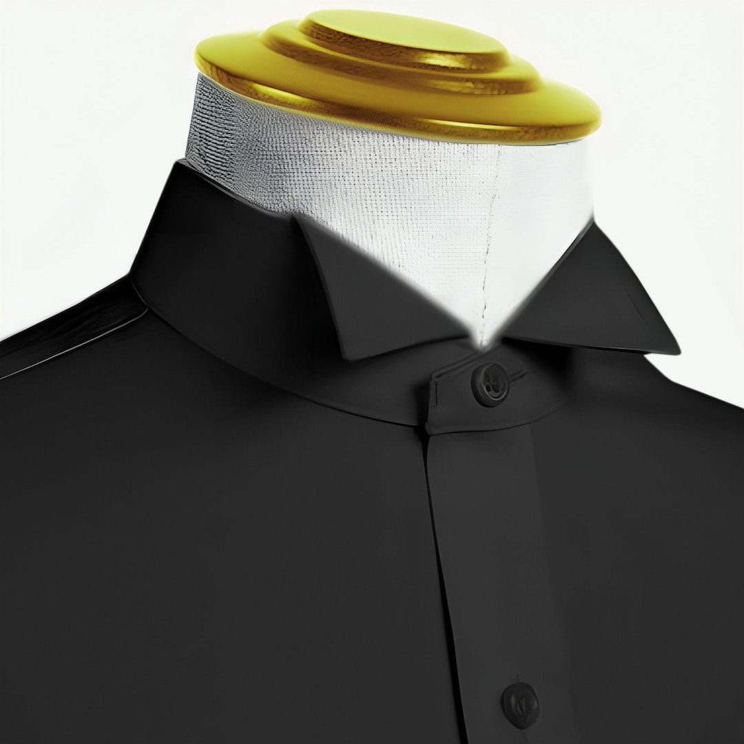 Black Wing Collar Men Dress Shirt Vintage Bow Band Grafton Collar Shirt ...