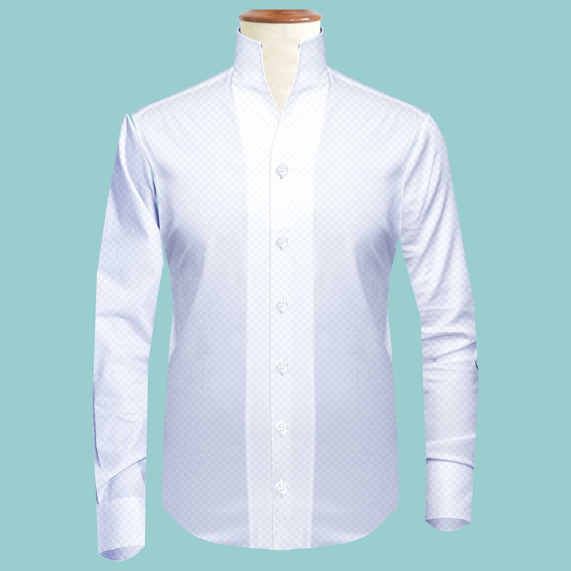 White Checks Men's Shirt High Collar Shirt Buttonless V Collar Shirt ...
