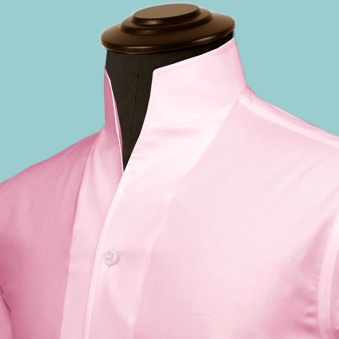 High Collar Pink Satin Men's Shirt Buttonless V Neck Collar Shirt High ...