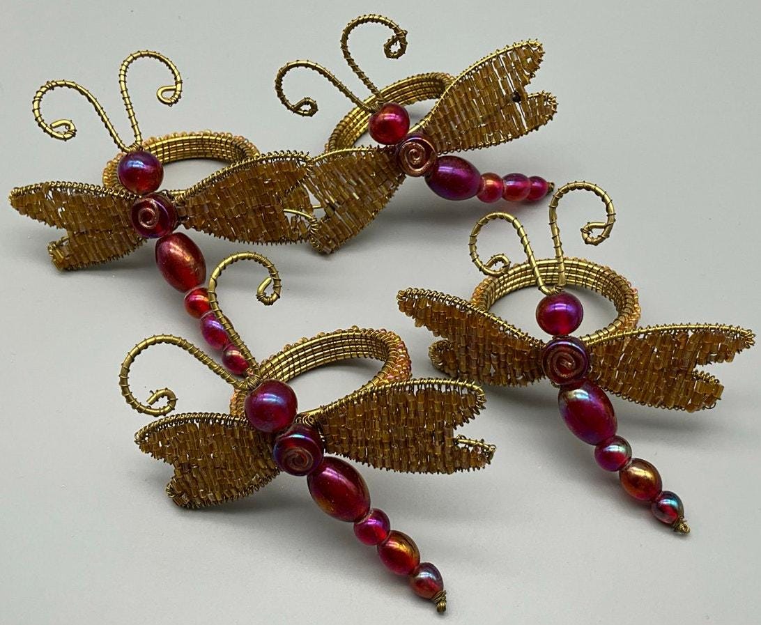 Vintage 4 Pier 1 Imports Beaded Dragon Fly Napkin Rings Burgundy Gold ...