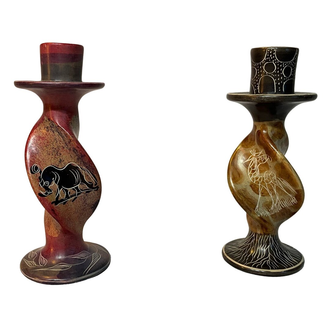 Handmade Vintage Soapstone Twisted Various Patterns Set of 2 Candle ...