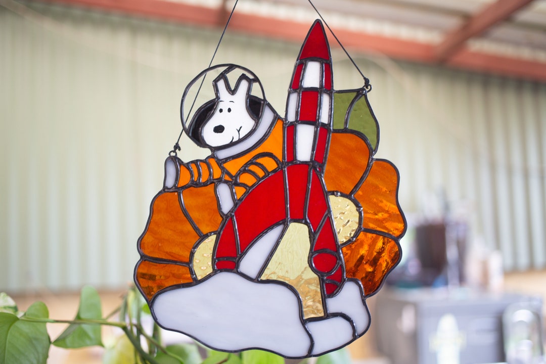 Tintin - Snowy Goes to the Moon With Checkered Rocketship Stained Glass ...