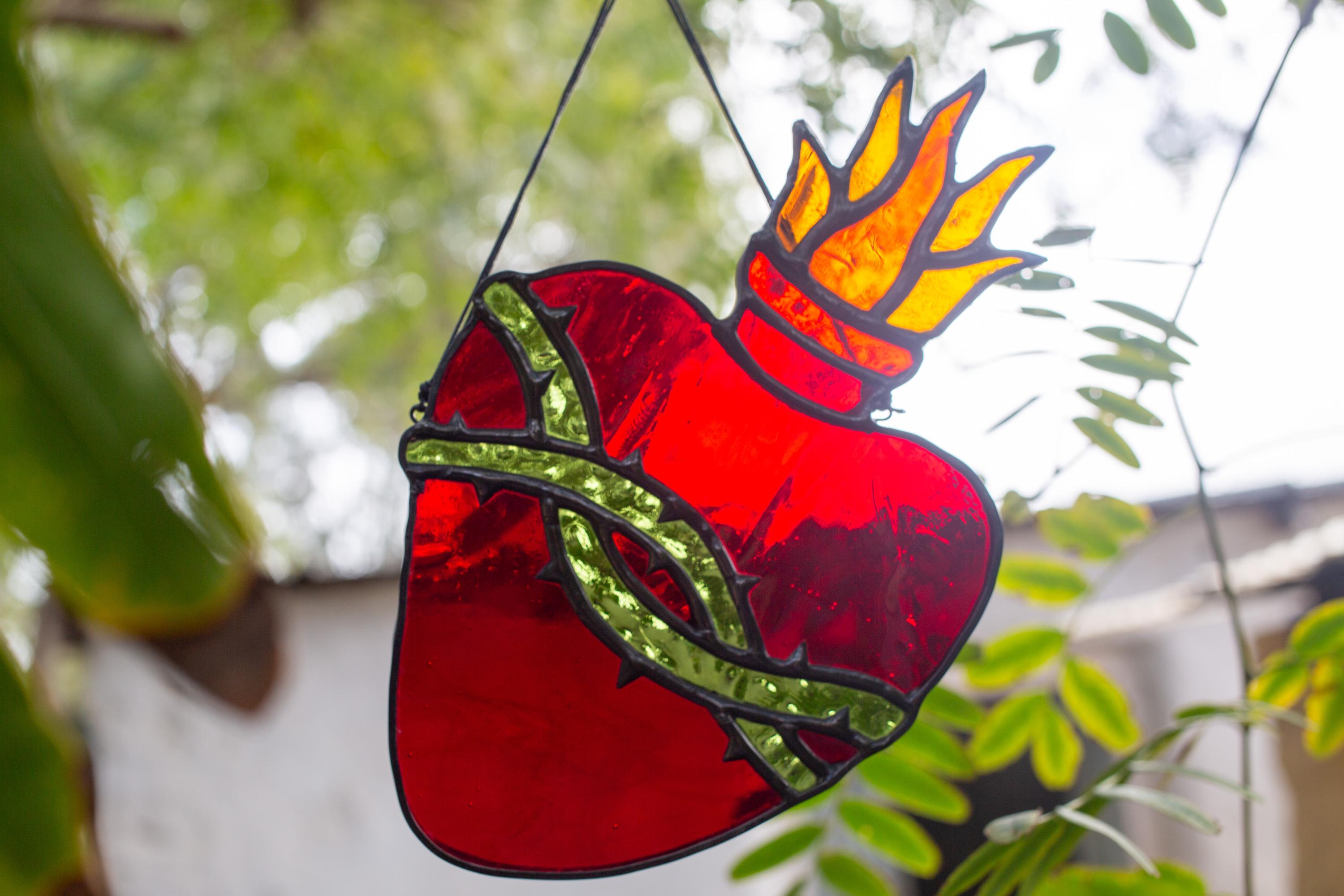 Sacred Heart Stained Glass With Thorns - Etsy