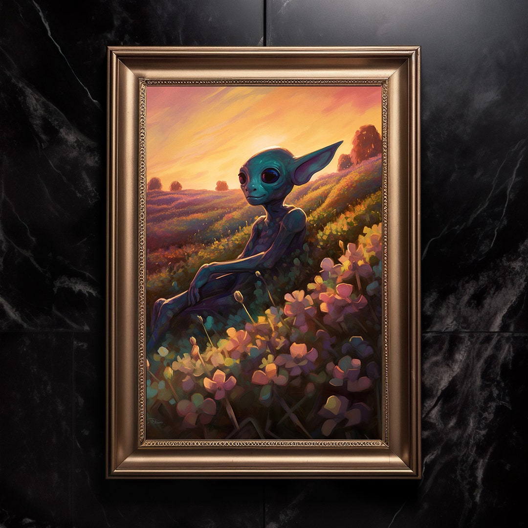 Alien Laying in a Flower Field Beautiful Cosmic Poster for Home Decor ...