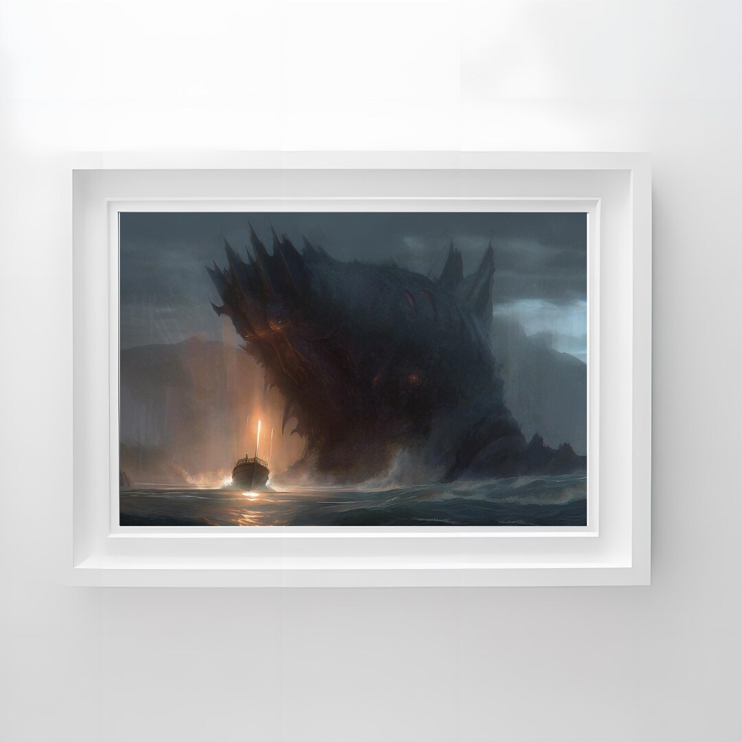Leviathan in the Storm Tower Over a Ship Art Print, Printable Wall Art ...