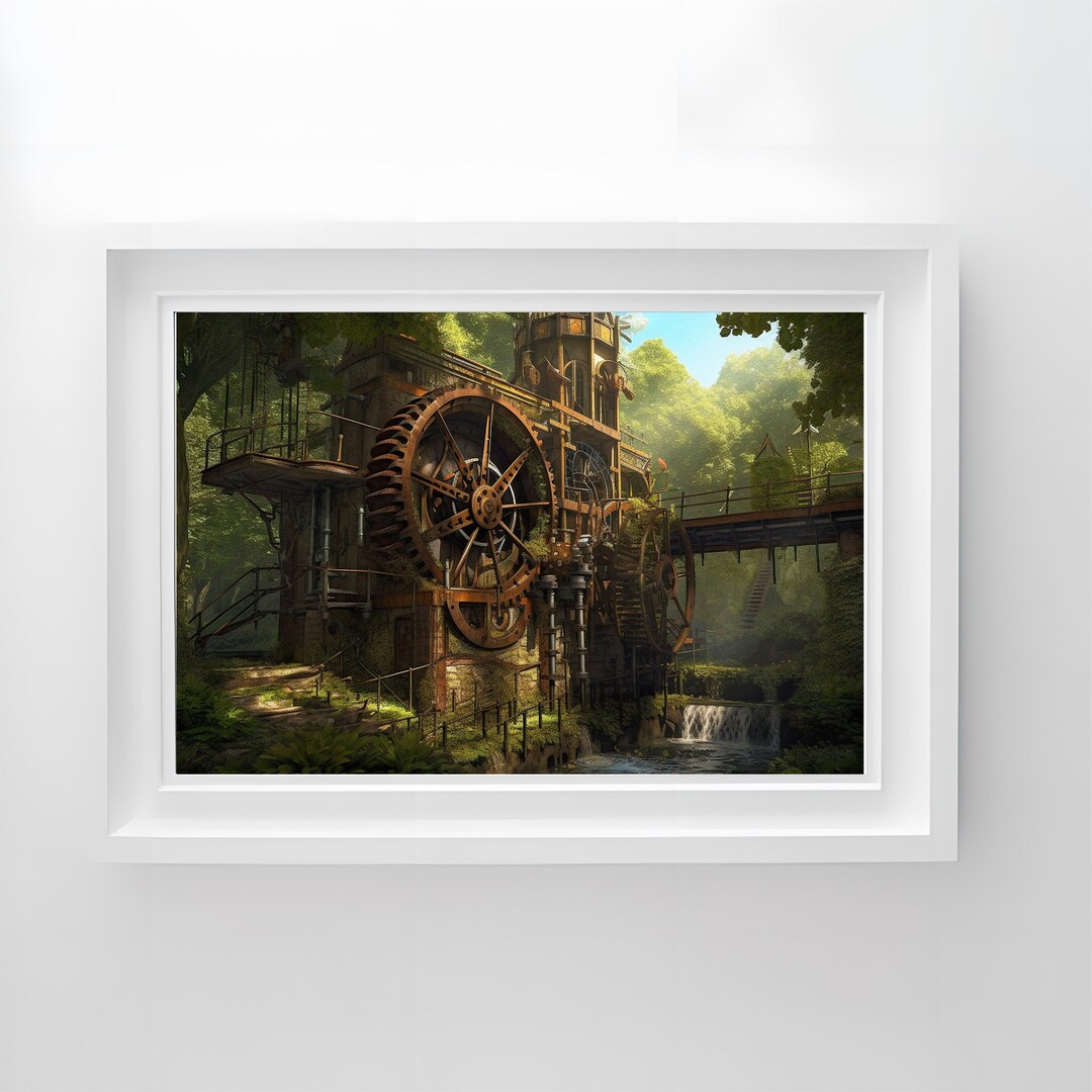 Steampunk Watermill in a Lush Green Forest Art Print, Printable Wall ...