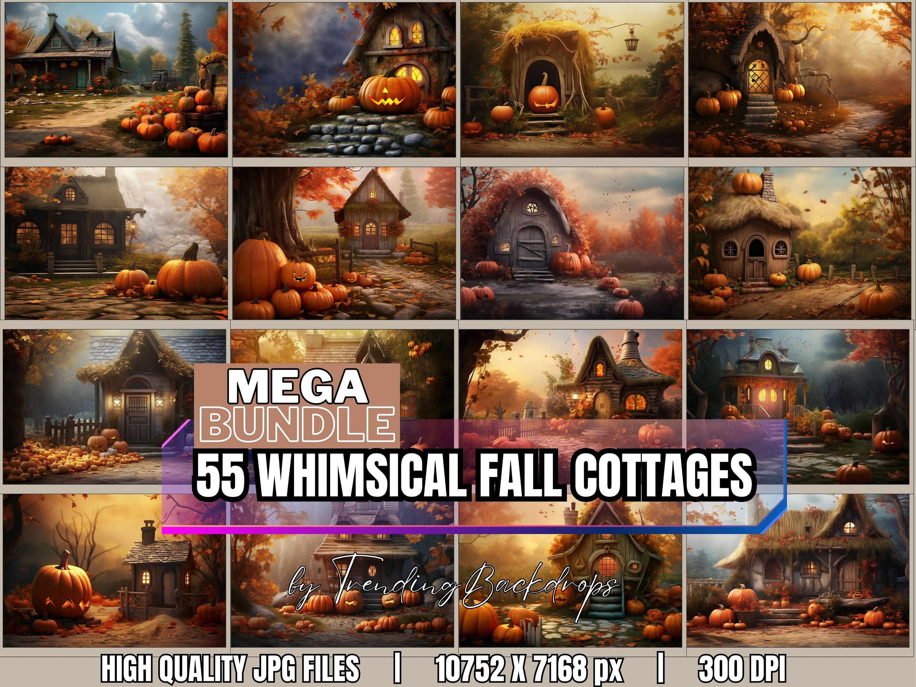 Mega Bundle Whimsical Fall Cottages Digital Background / Fall Digital ...