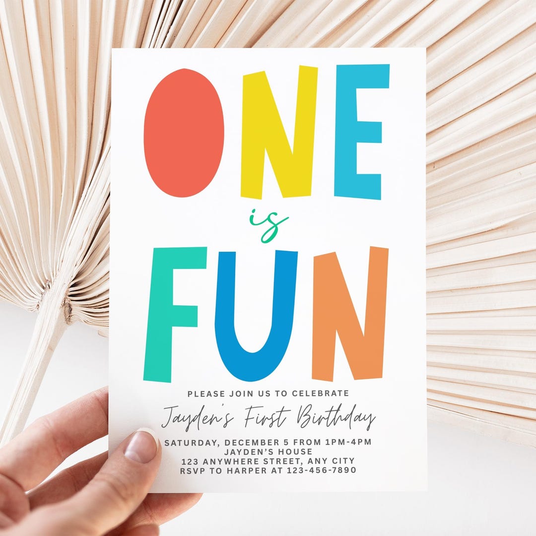 One is Fun 1st Birthday Invitation, Editable Canva Template, Digital ...