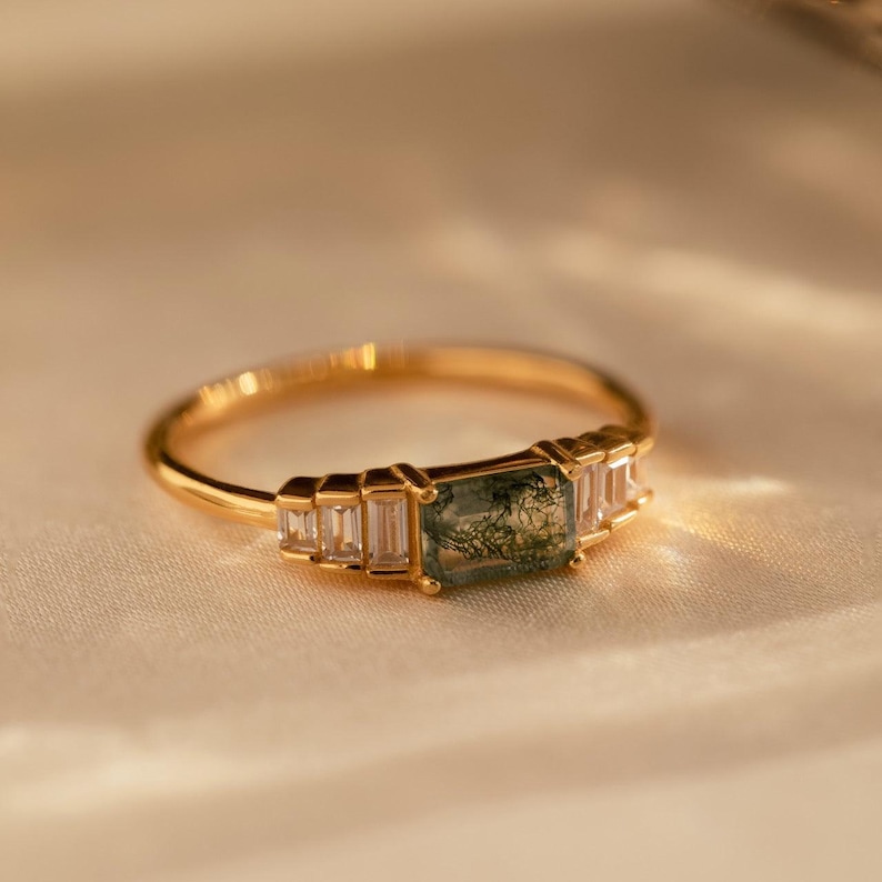 Anillo de compromiso de ágata musgosa radiante: moissanita talla ...
