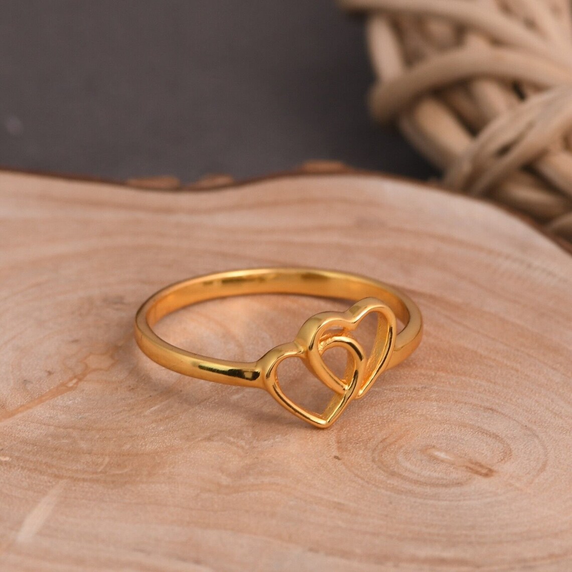 Heart Shape Couple Ring/ 925 Sterling Silver/ 14K Gold Platted ...