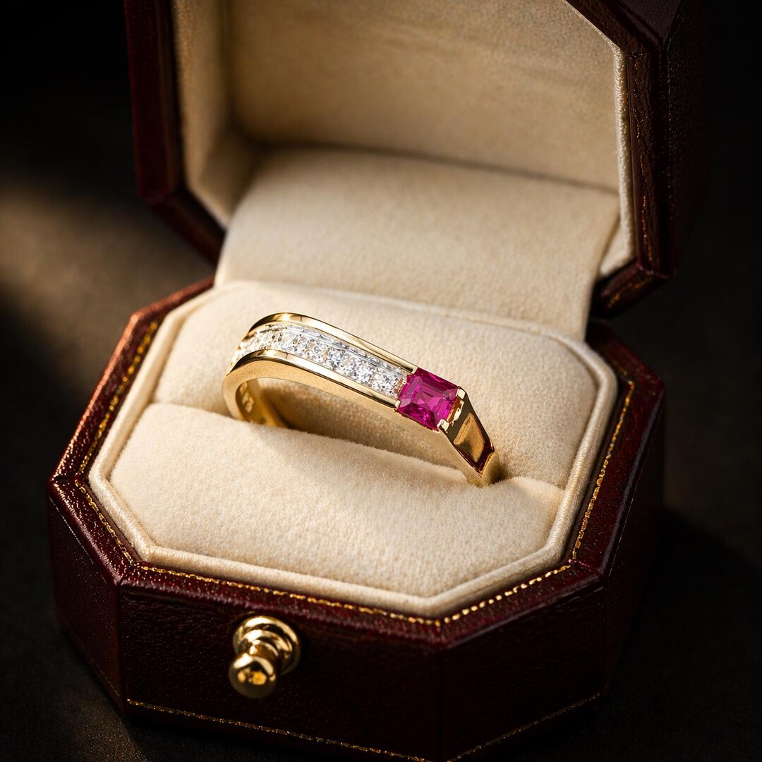 Ruby & Diamond Band Ring 14K Gold Plated | Square Cut Ruby Ring ...