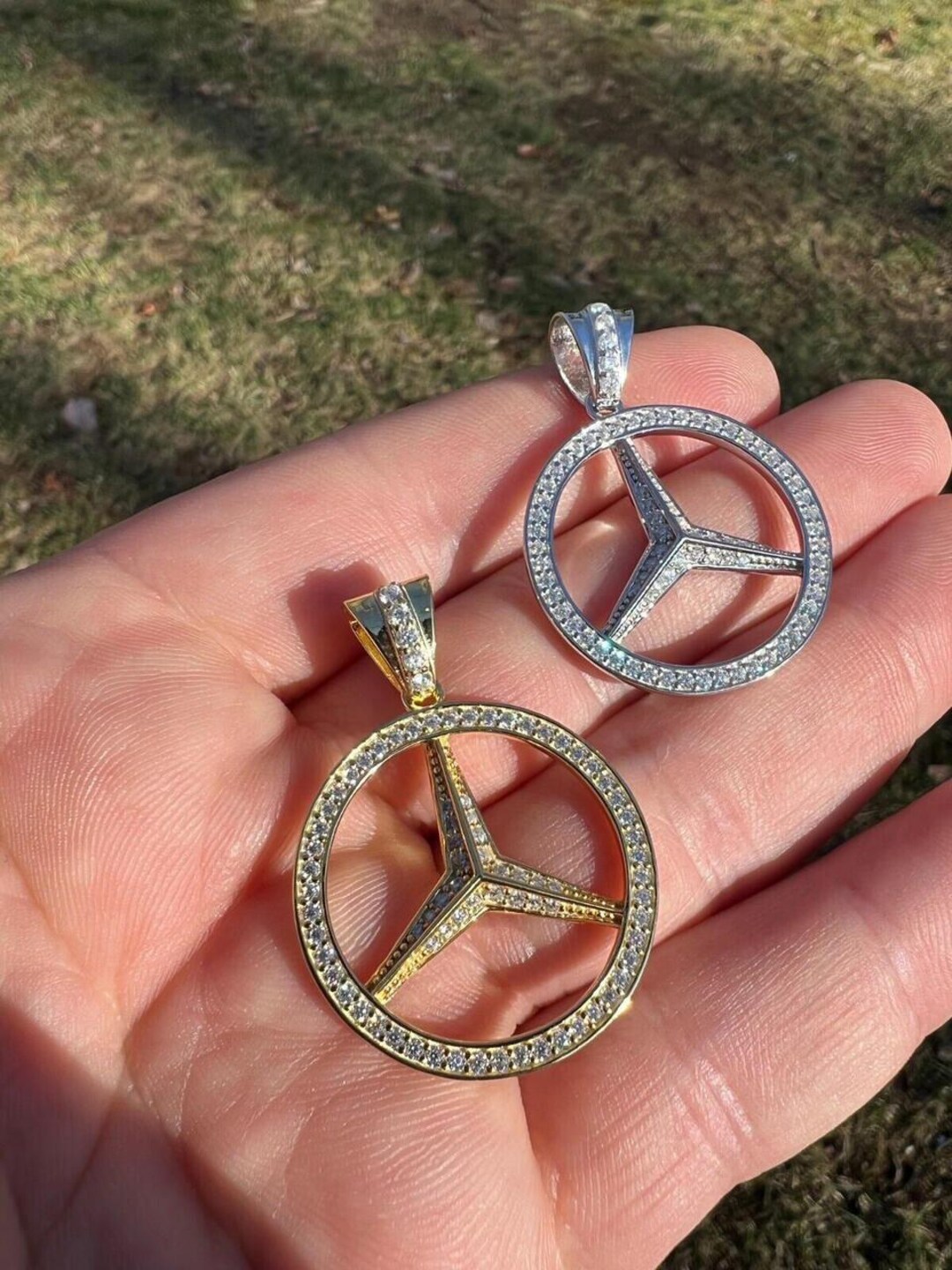 Moissanite Diamond Mercedes Pendant/ 14K Gold Platted/ Statement ...