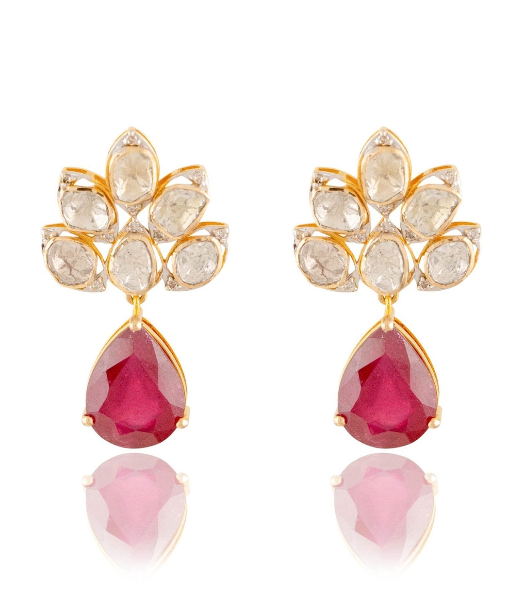 Ruby & Uncut Polki Diamond Earring, 925 Sterling Silver, Polki Jewelry ...