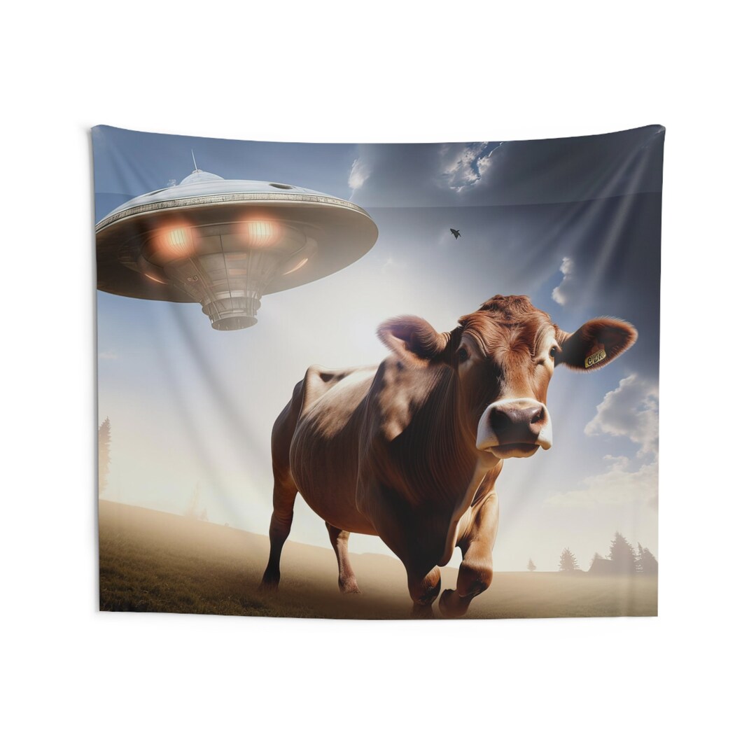 Cow Vs Aliens Tapestry: Whimsical Sci-fi Polyester Wall Art - Etsy