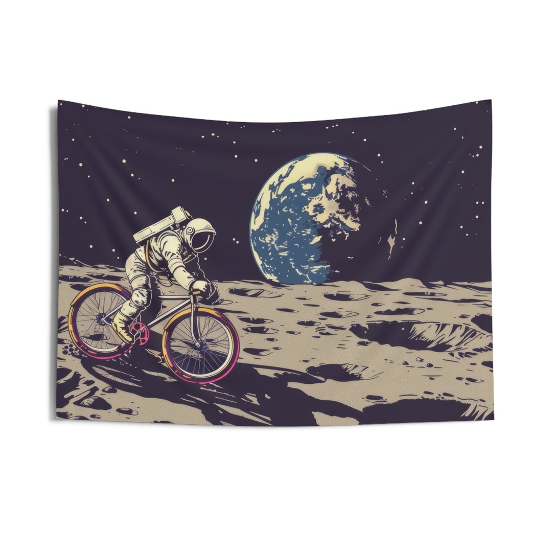 Astronaut Riding Bike on the Moon Wall Tapestry - Whimsical Lunar Cycle ...