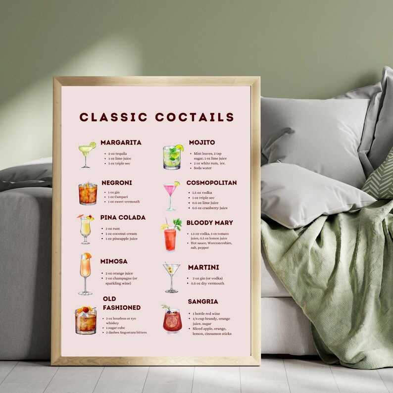 10 Popular Cocktails, Cocktails Recipe Print, Classic Cocktails Chart, Cocktail Art, Kitchen ...