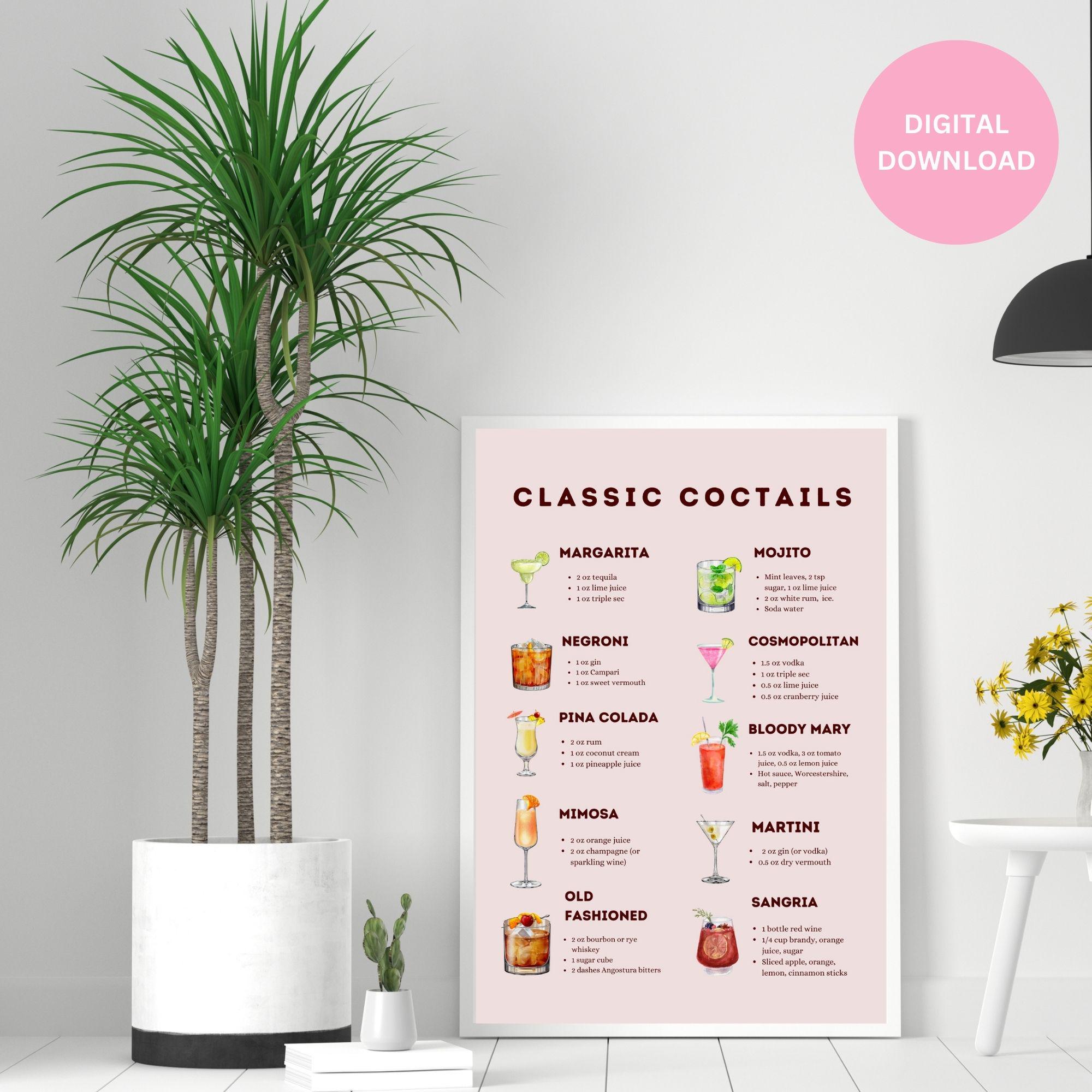 10 Popular Cocktails, Cocktails Recipe Print, Classic Cocktails Chart, Cocktail Art, Kitchen ...