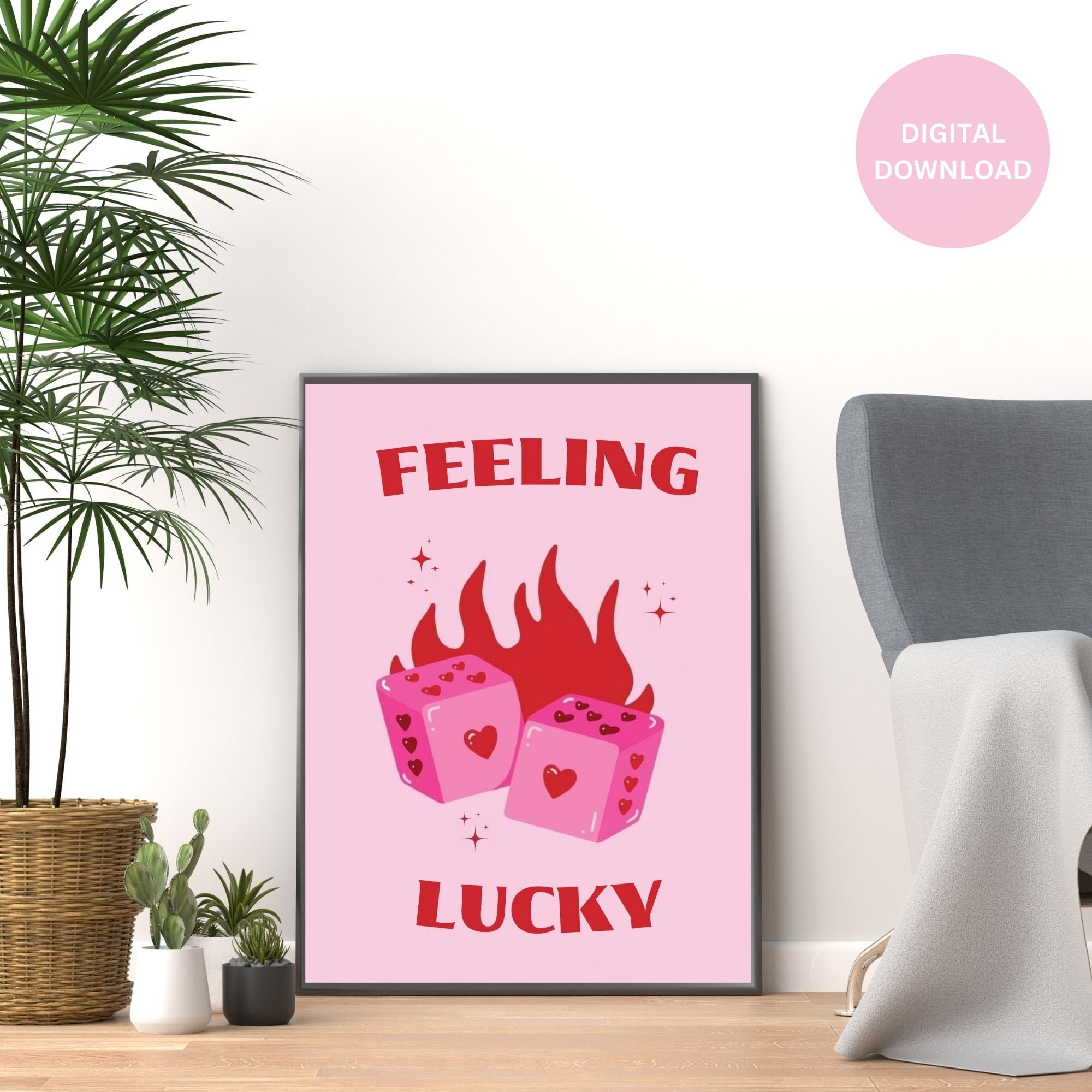 Feeling Lucky Aesthetic Poster, Room Decor Pink and Red Wall Art ...