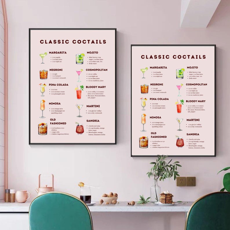 10 Popular Cocktails, Cocktails Recipe Print, Classic Cocktails Chart, Cocktail Art, Kitchen ...
