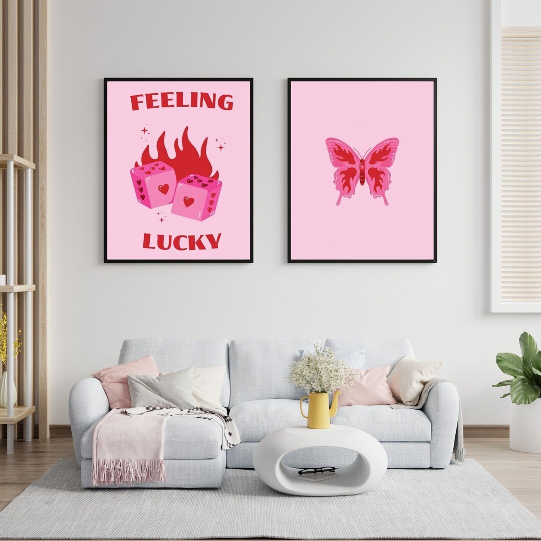 Feeling Lucky Aesthetic Poster, Room Decor Pink and Red Wall Art ...