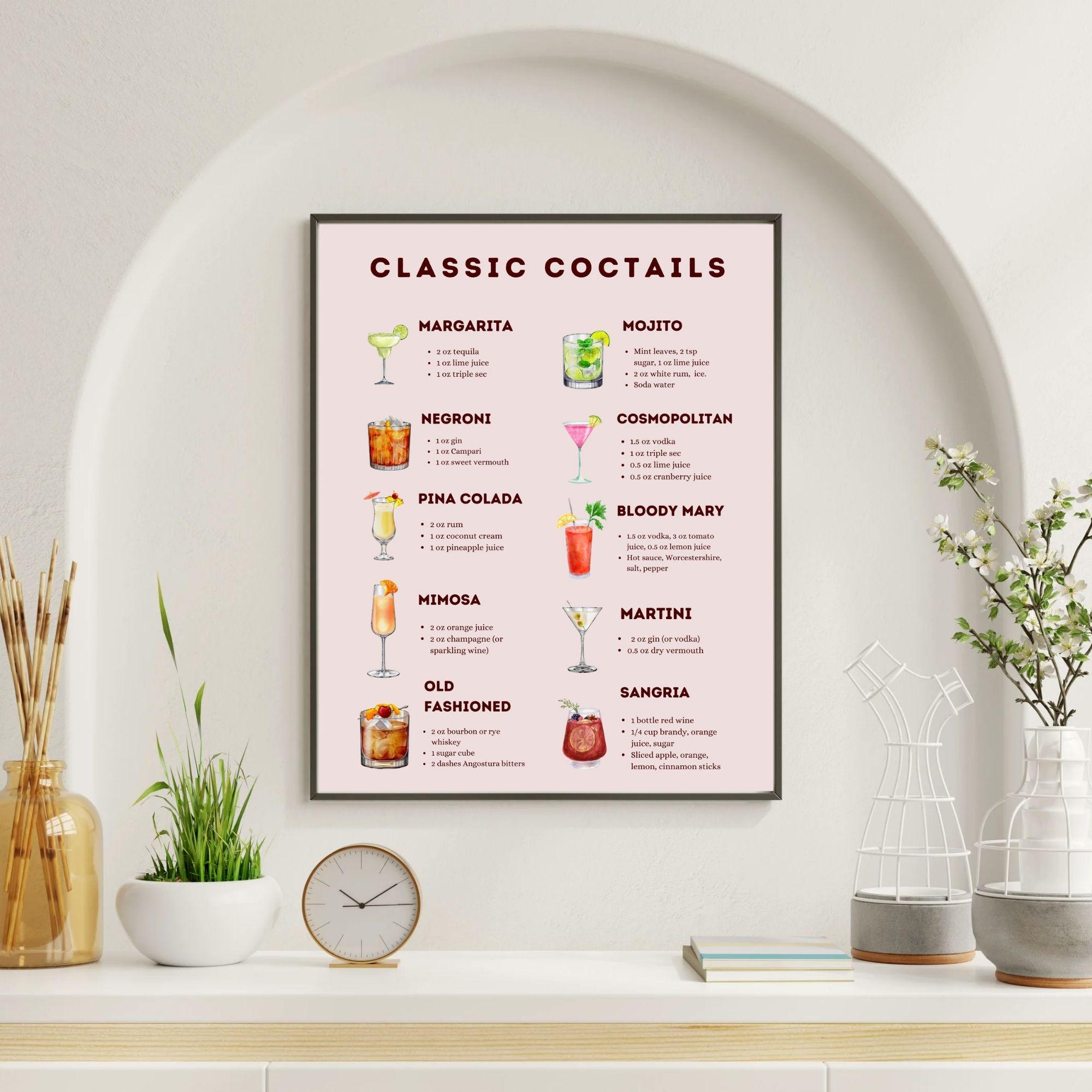 10 Popular Cocktails, Cocktails Recipe Print, Classic Cocktails Chart, Cocktail Art, Kitchen ...