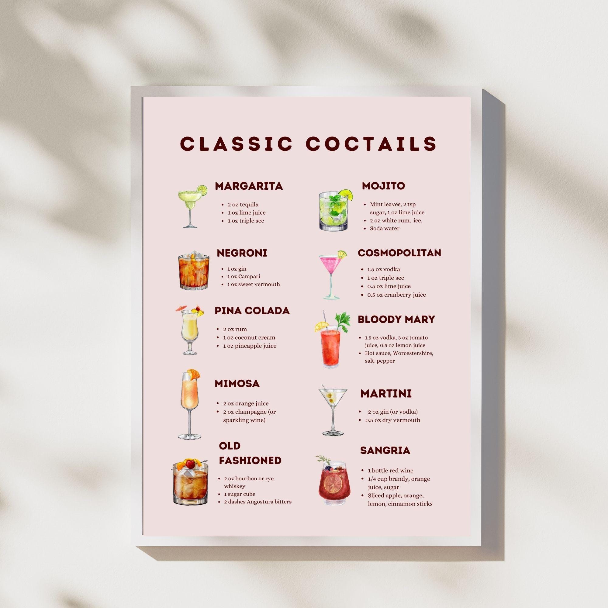 10 Popular Cocktails, Cocktails Recipe Print, Classic Cocktails Chart, Cocktail Art, Kitchen ...