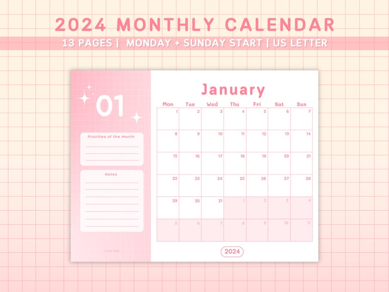 Printable Calendar 2024 Cute Monthly Planner 2024 Minimalist Printable ...