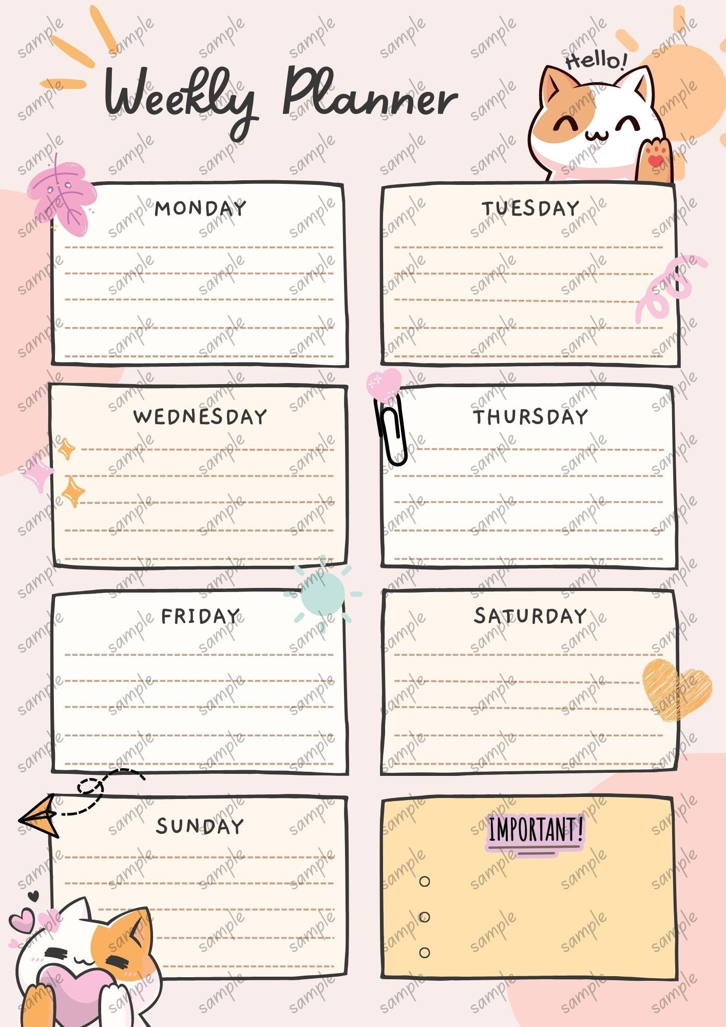 Cats Printable Weekly Planner, Kawaii, Hello Printable Landscape ...