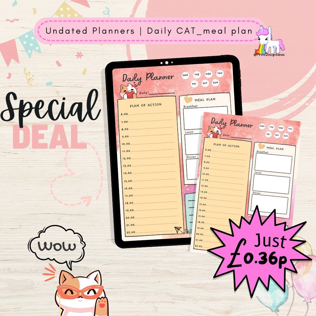 Cats Meal Plan Printable Weekly Planner, Kawaii, Undated Printable ...