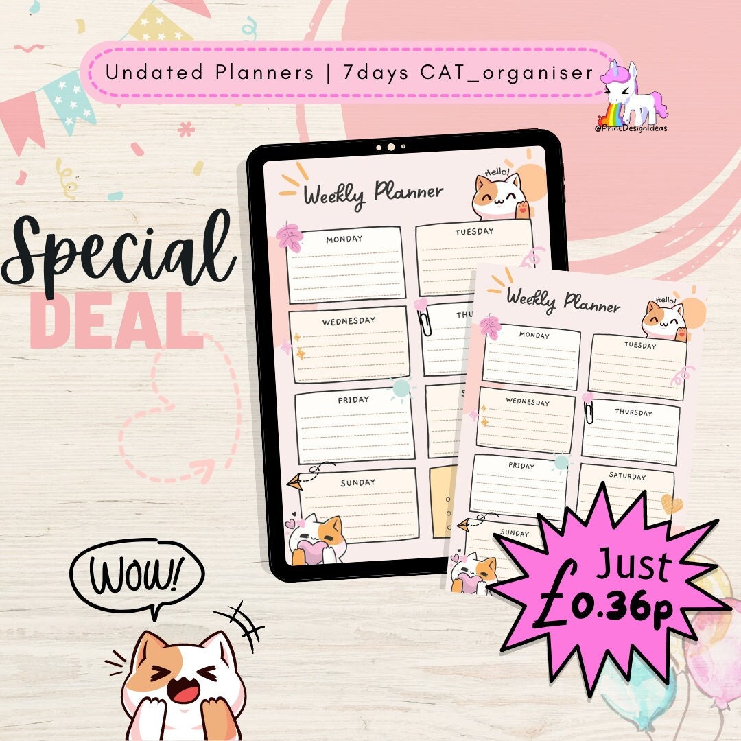 Cats Printable Weekly Planner: Kawaii Landscape Organizer (digital ...