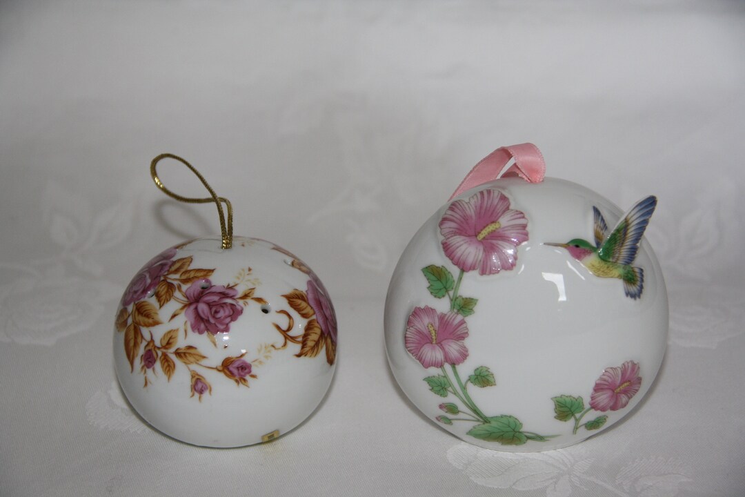 A Pair of Pomander Ceramic Balls, Potpourri Balls, One With Hummingbird ...